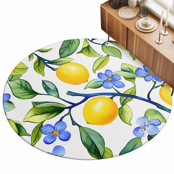 4ft Round Rug Lemon Flower Area Rugs for Living Room Bedroom Washable ...