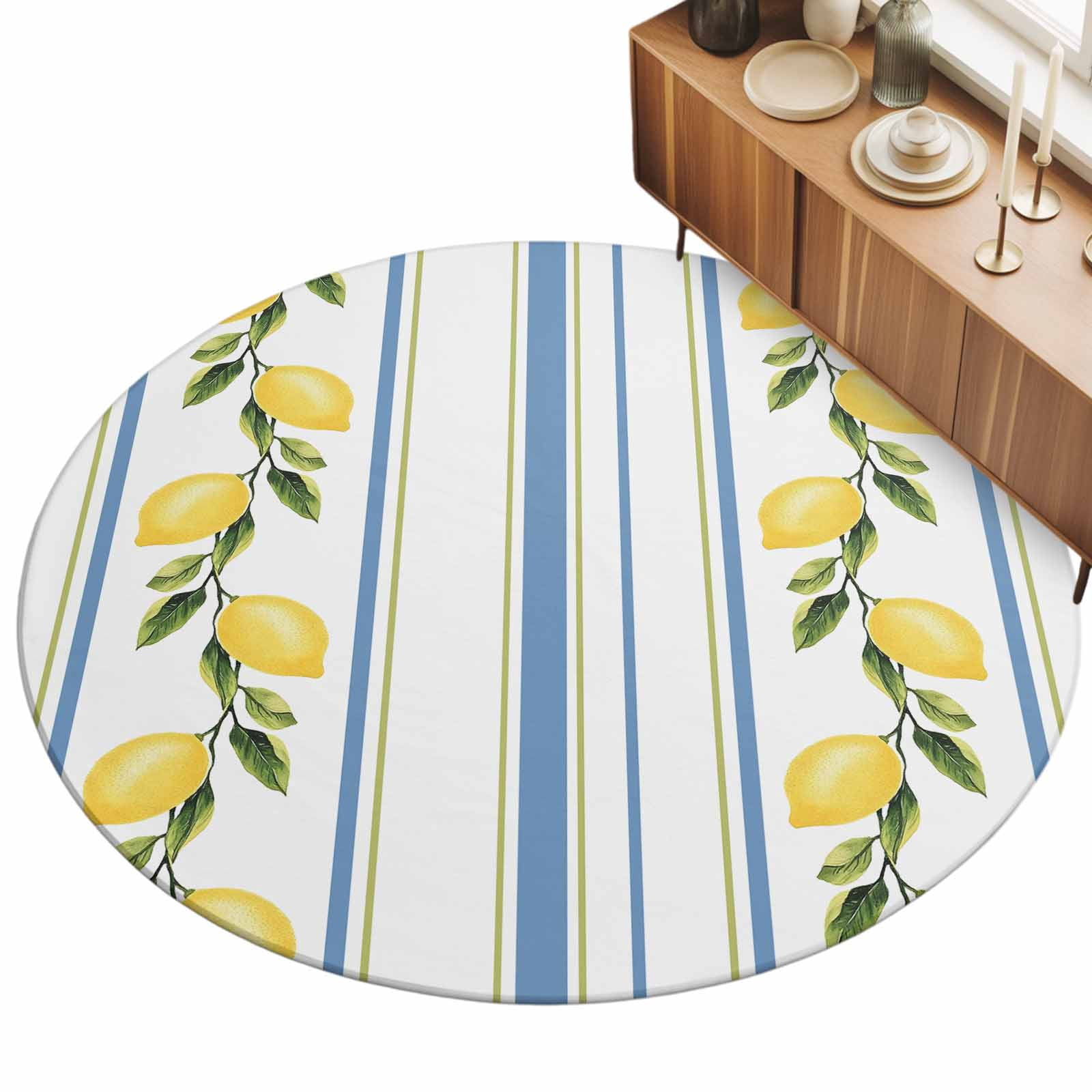 4ft Round Rug Lemon Striped Area Rugs for Living Room Bedroom Washable ...