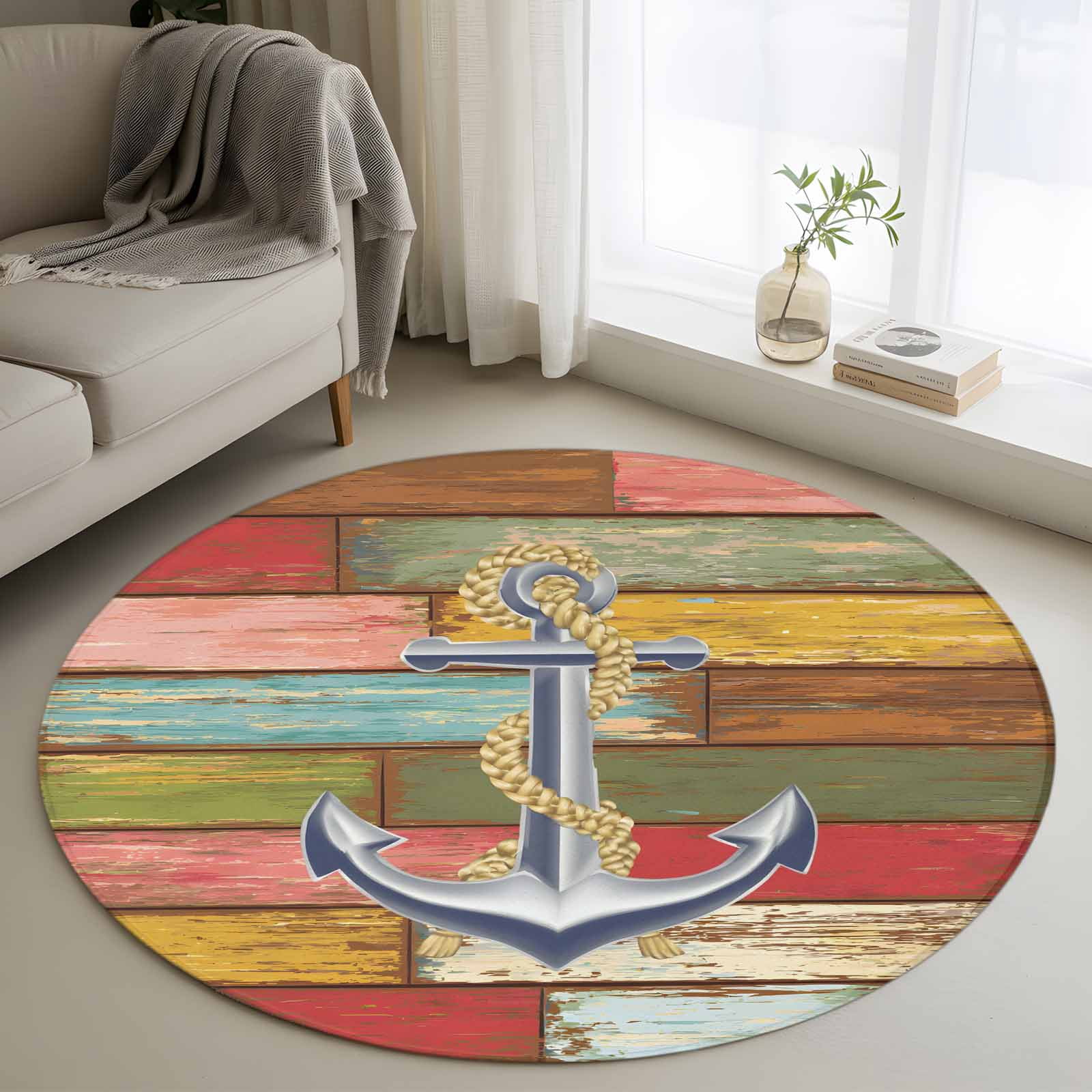 4ft Round Rug, Nautical Anchor Non-Skid Rubber Backing Large Area Rugs ...