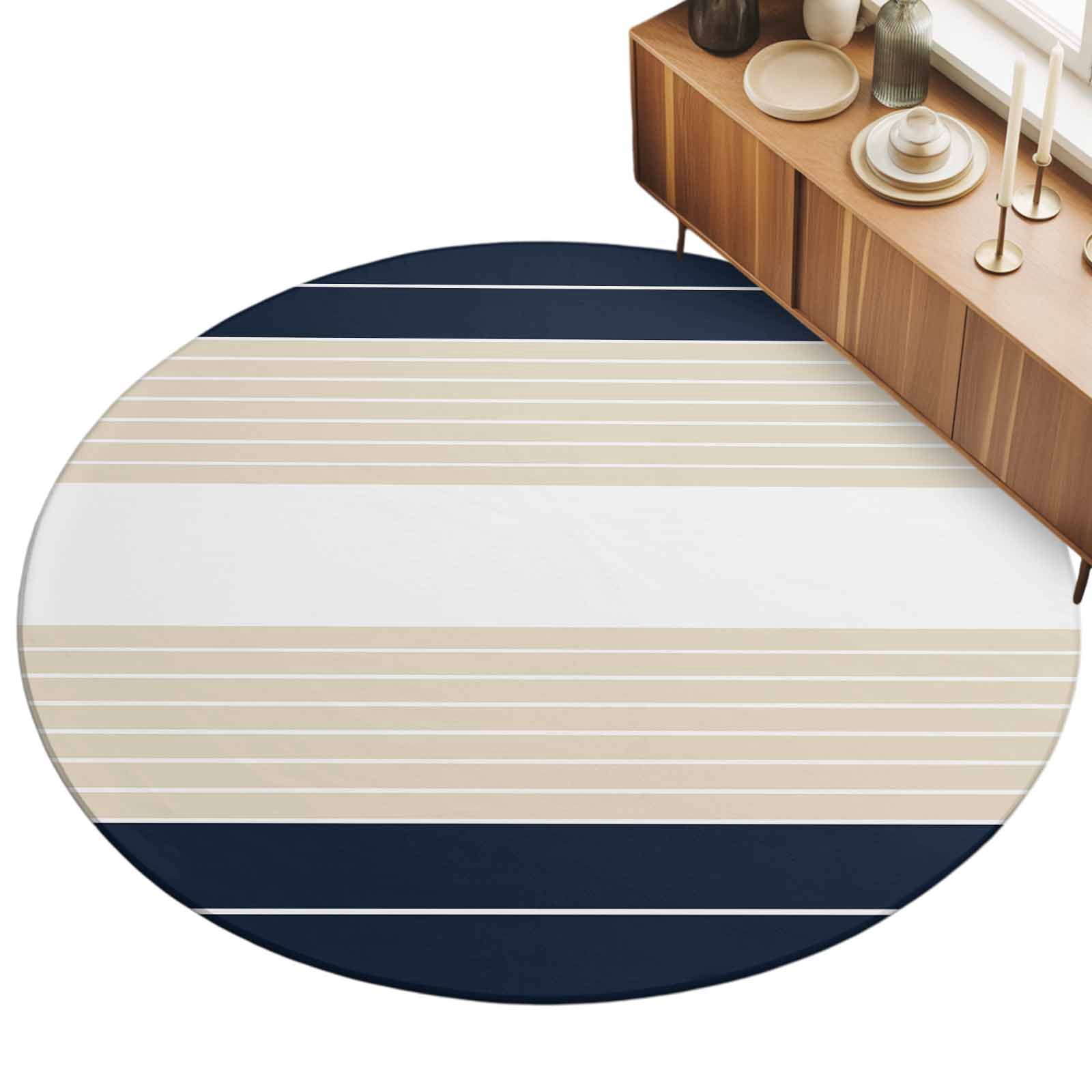 4ft Round Rug Navy Beige Striped Area Rugs for Living Room Bedroom ...