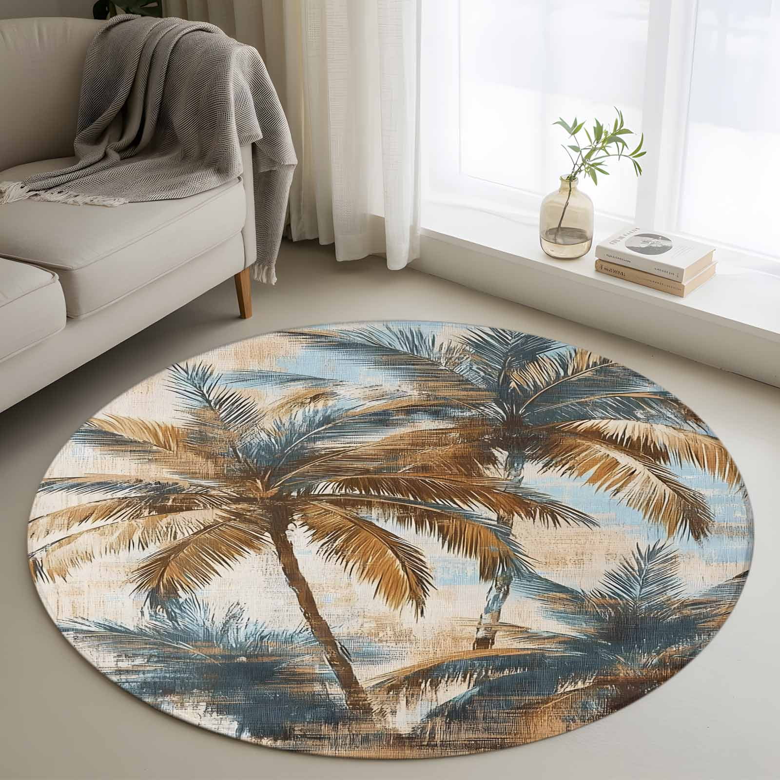 4ft Round Rug, Navy Blue Brown Palm Tree Non-Skid Rubber Backing Large ...