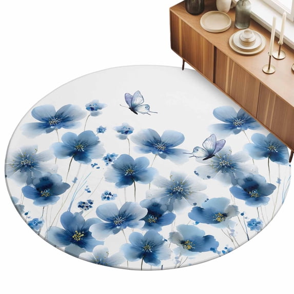 4ft Round Rug Navy Blue Floral Area Rugs for Living Room Bedroom ...