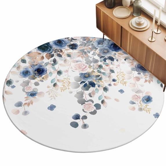 4ft Round Rug Navy Blue Flowers Area Rugs for Living Room Bedroom ...