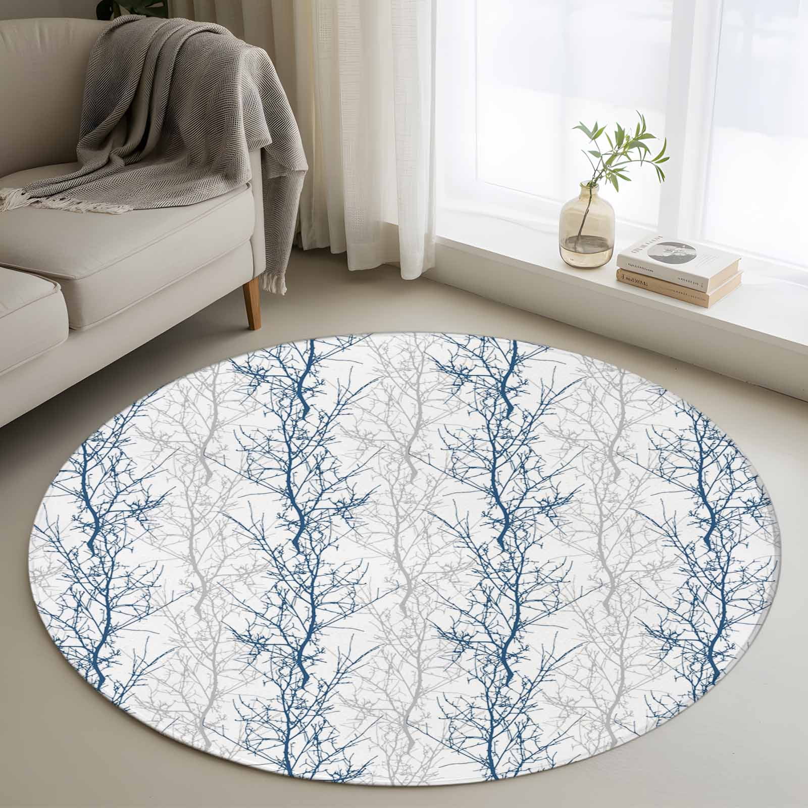 4ft Round Rug, Navy Blue Grey Branch Non-Skid Rubber Backing Large Area ...