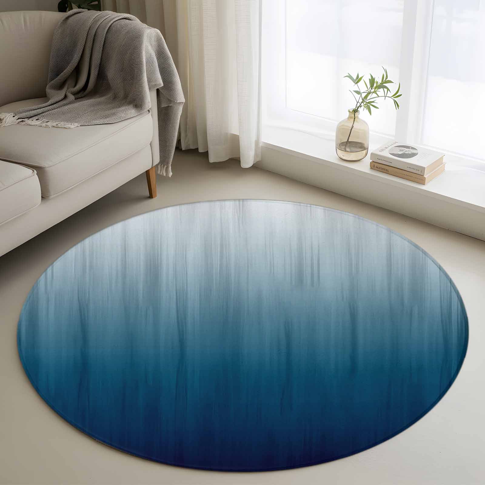 4ft Round Rug, Navy Blue Ombre Non-Skid Rubber Backing Large Area Rugs ...