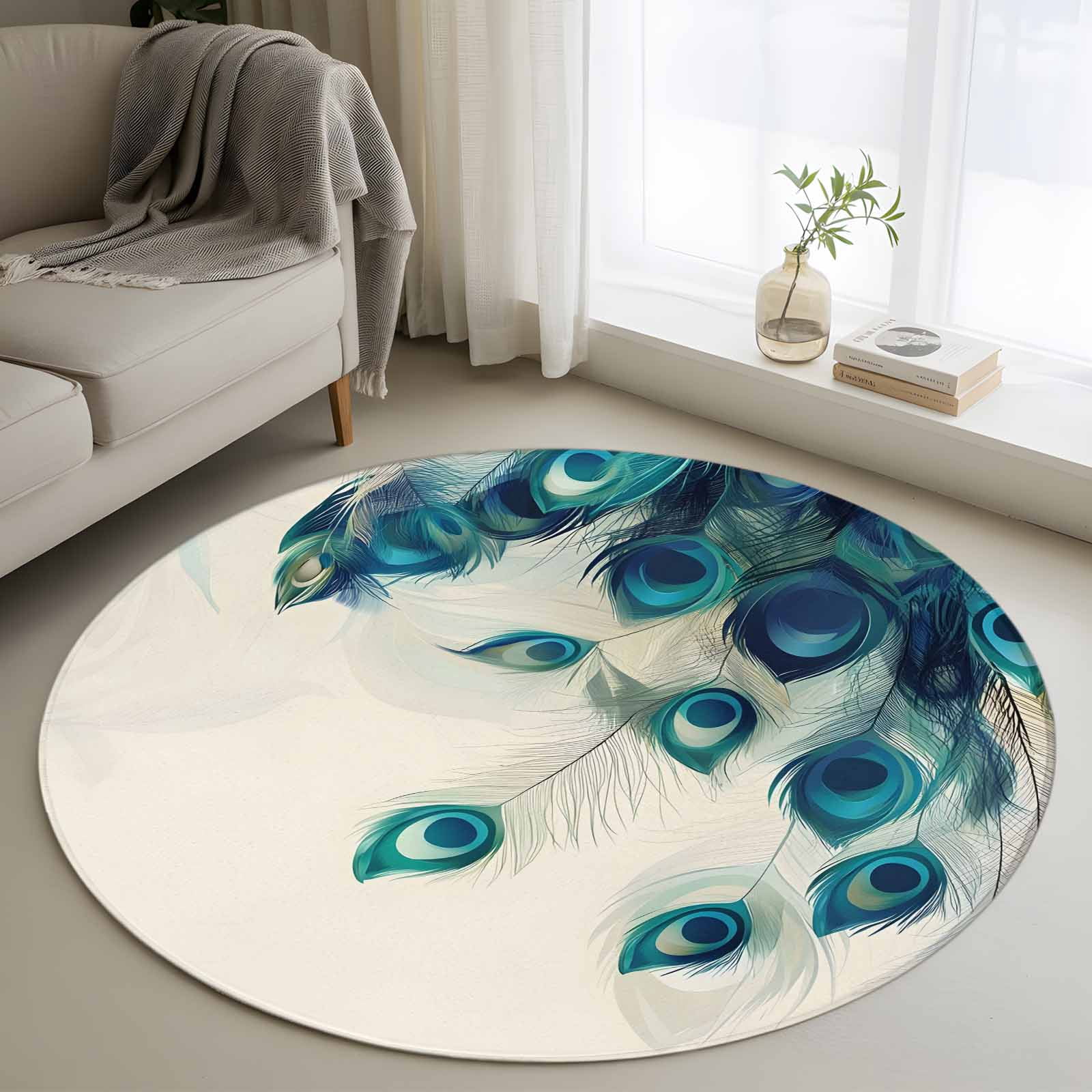 4ft Round Rug, Peacock Feather Non-Skid Rubber Backing Large Area Rugs ...