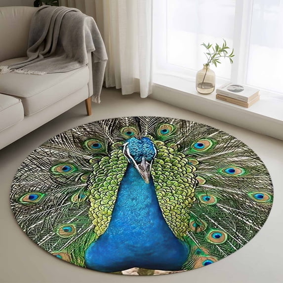 4ft Round Rug, Peacock Feathers Non-Skid Rubber Backing Large Area Rugs ...