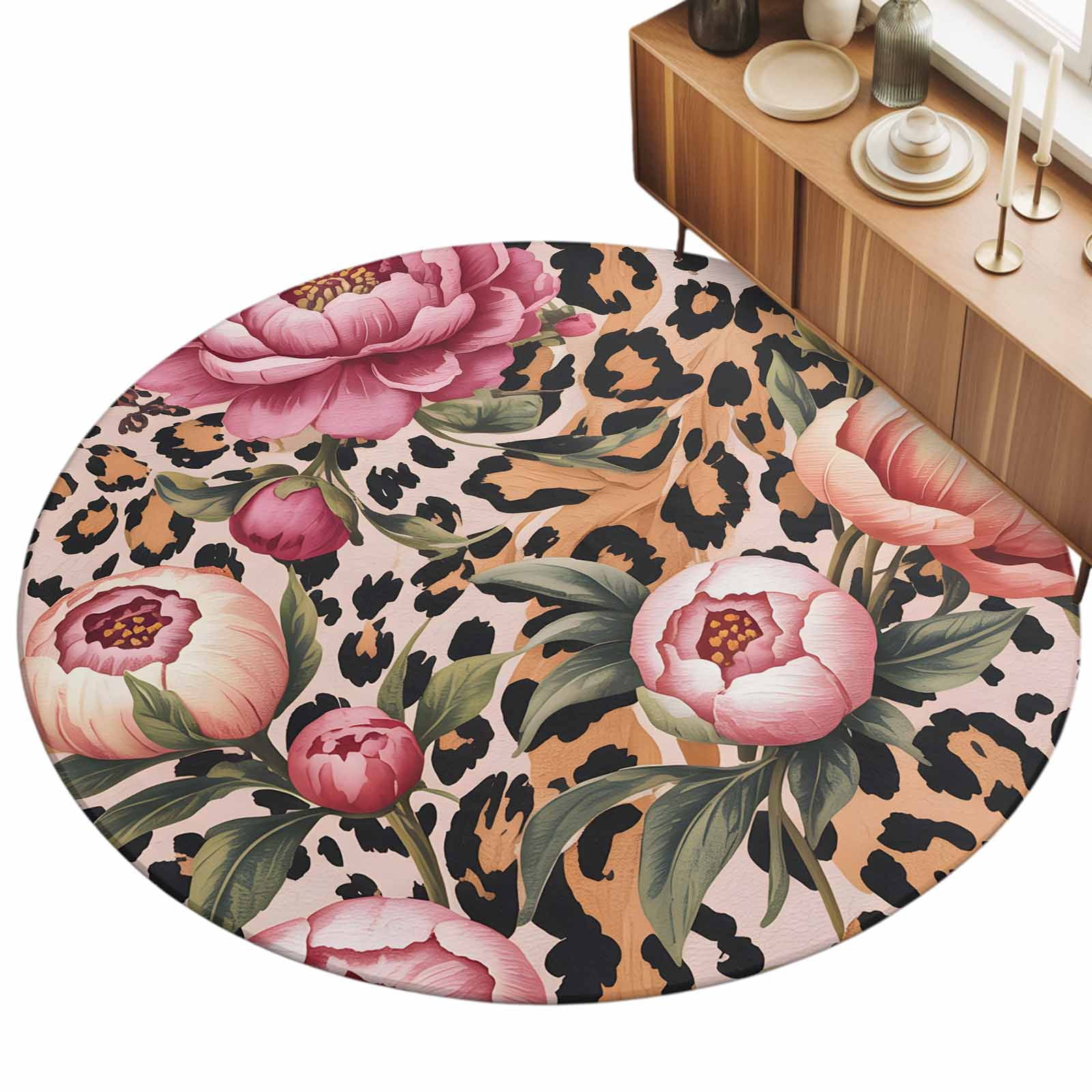 4ft Round Rug Pink Flowers Area Rugs for Living Room Bedroom Washable ...