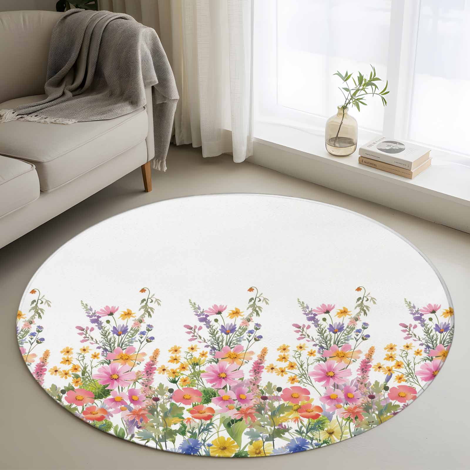 4ft Round Rug, Pink Flowers Non-Skid Rubber Backing Large Area Rugs ...
