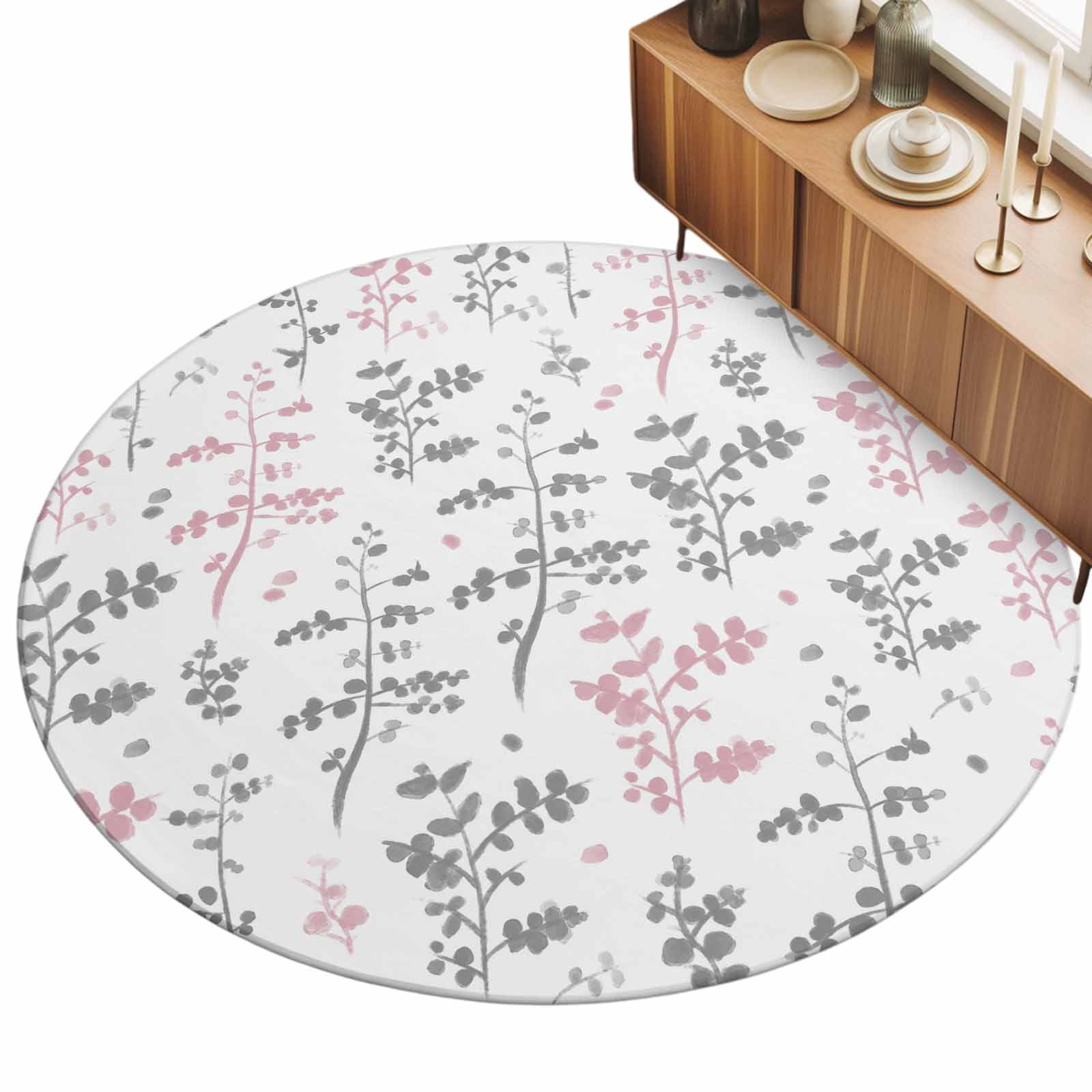 4ft Round Rug Pink Grey Botanical Area Rugs for Living Room Bedroom ...
