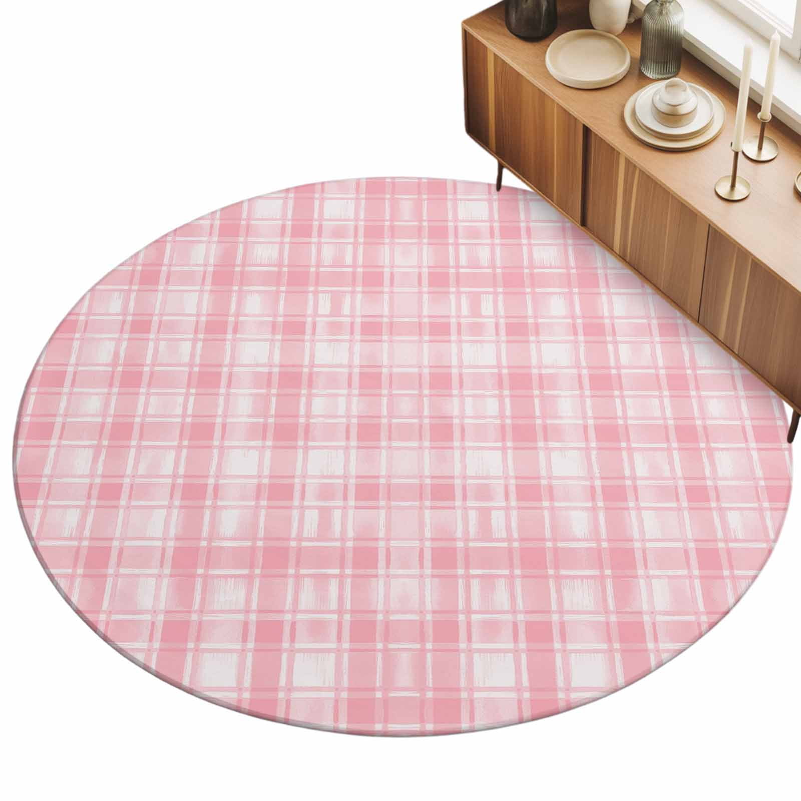 4ft Round Rug Pink Plaid Area Rugs for Living Room Bedroom Washable Non ...