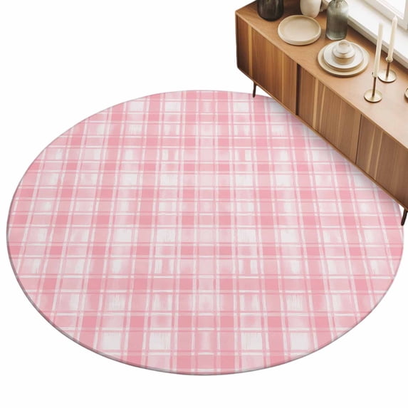 4ft Round Rug Pink Plaid Area Rugs for Living Room Bedroom Washable Non ...