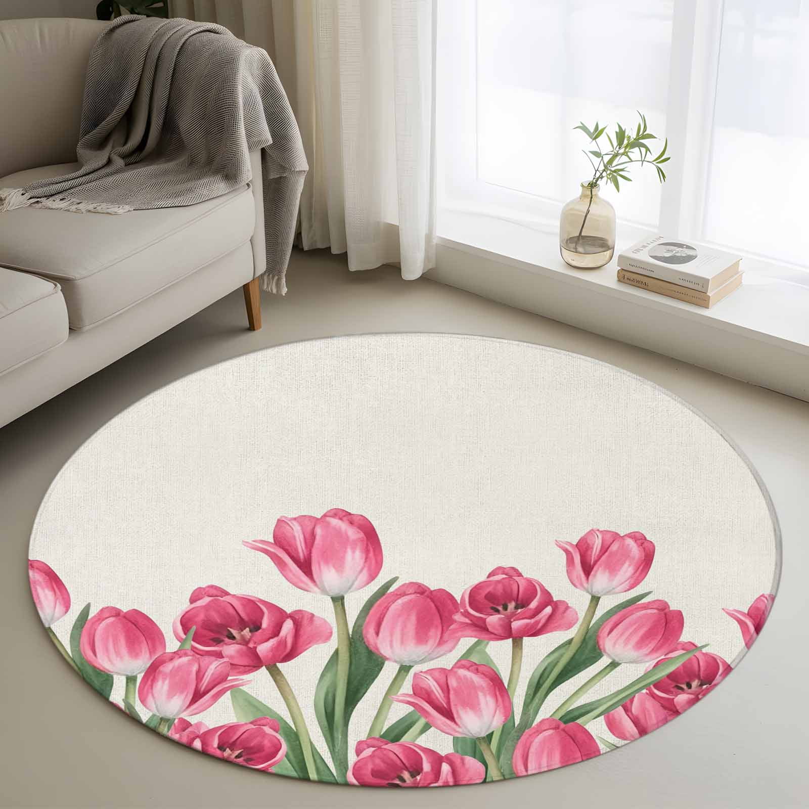 4ft Round Rug, Pink Tulip Flower Non-Skid Rubber Backing Large Area ...