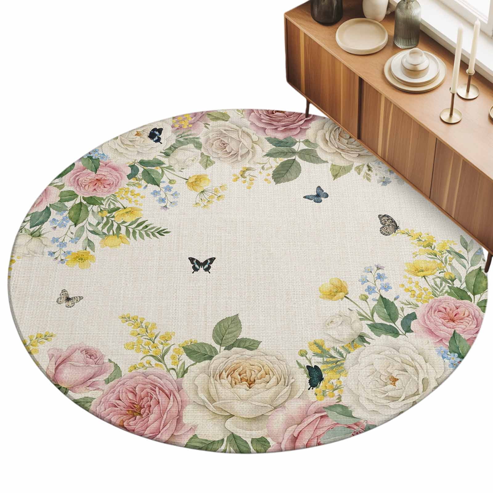 4ft Round Rug Pink White Flowers Area Rugs for Living Room Bedroom ...