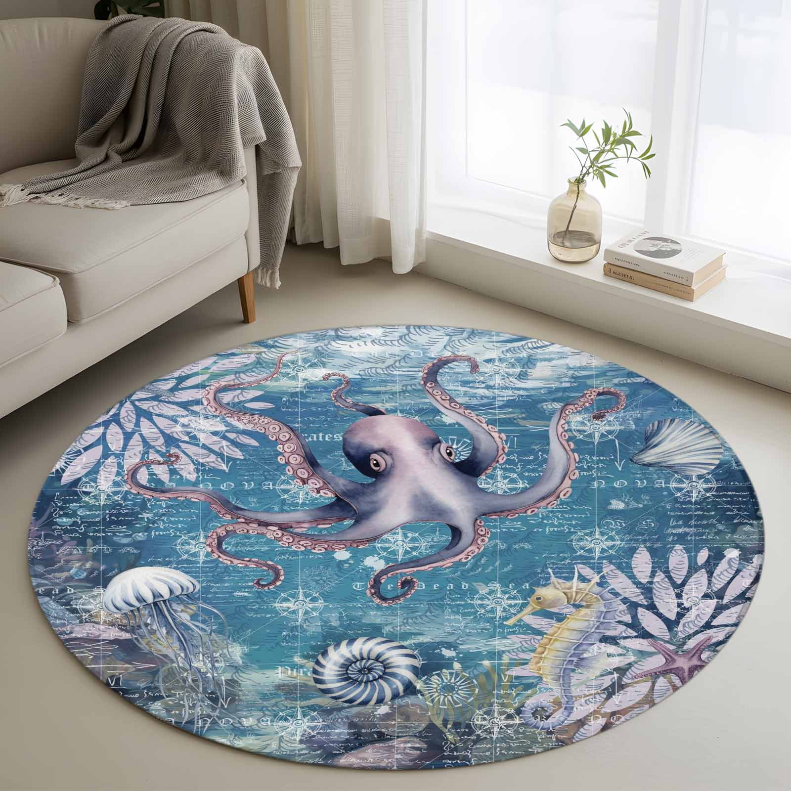 4ft Round Rug, Purple Octopus Coastal Non-Skid Rubber Backing Large ...