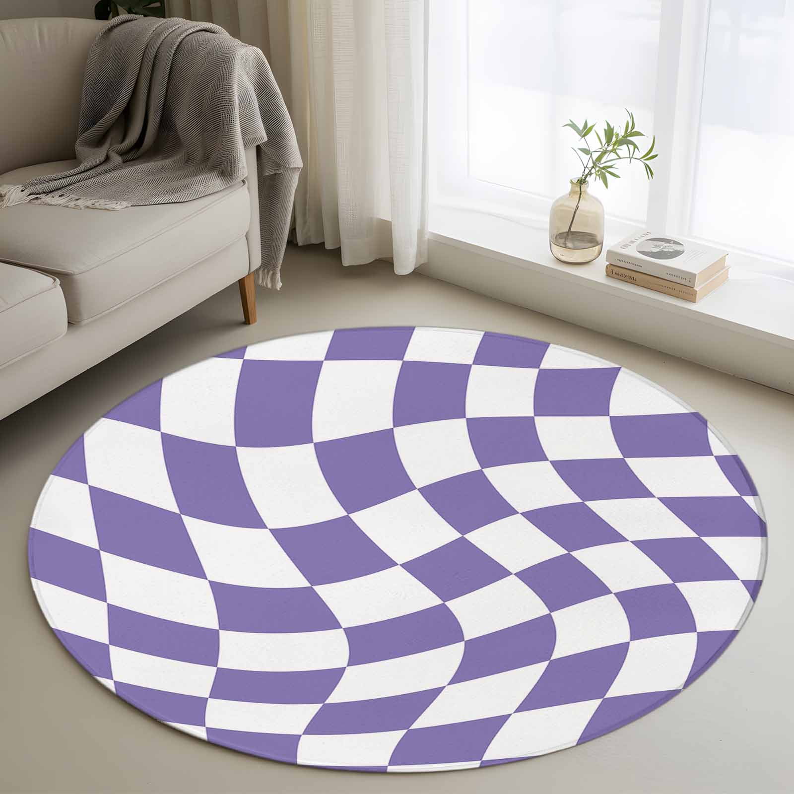 4ft Round Rug, Purple White Checkered Non-Skid Rubber Backing Large ...