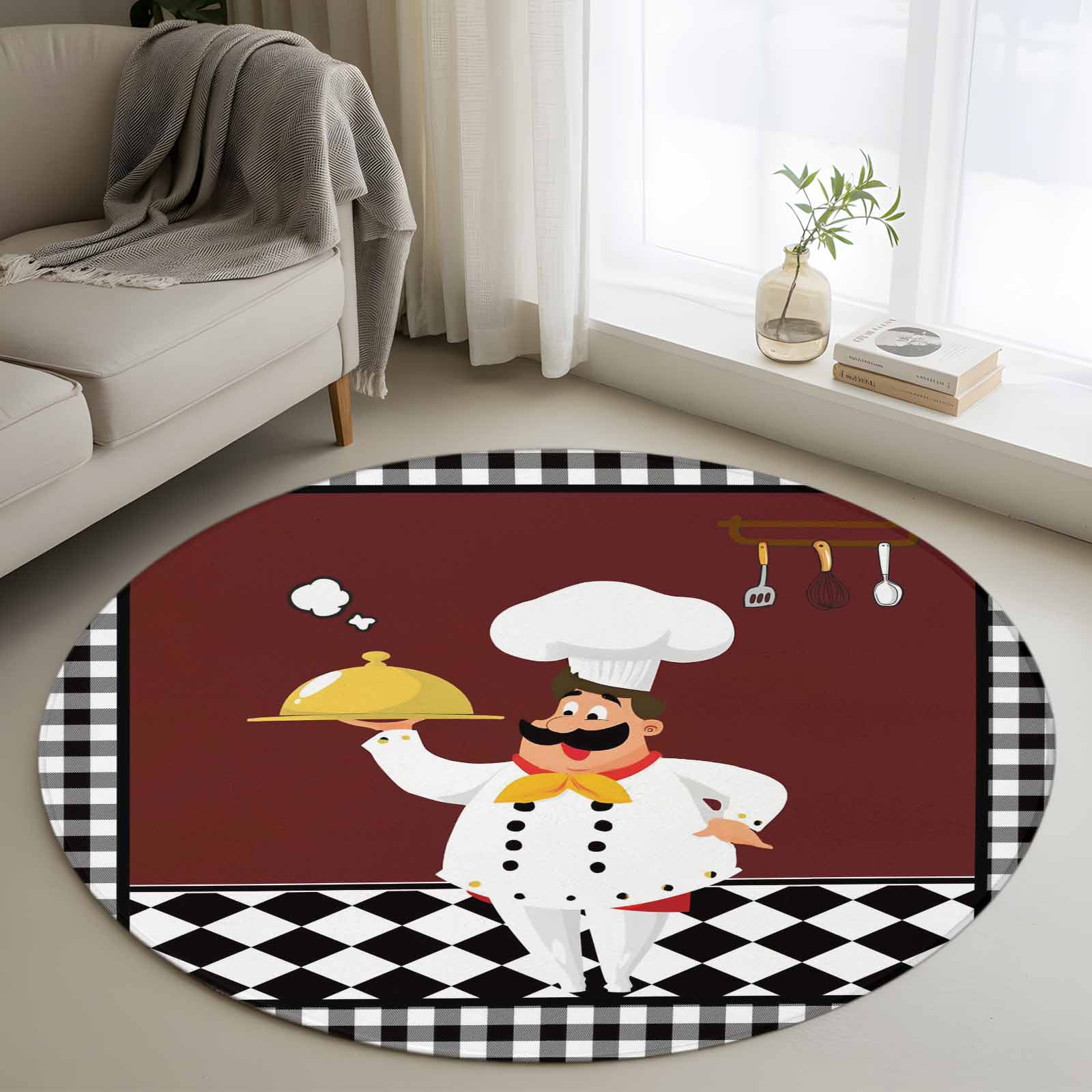 4ft Round Rug, Red Kitchen Chef Non-Skid Rubber Backing Large Area Rugs ...