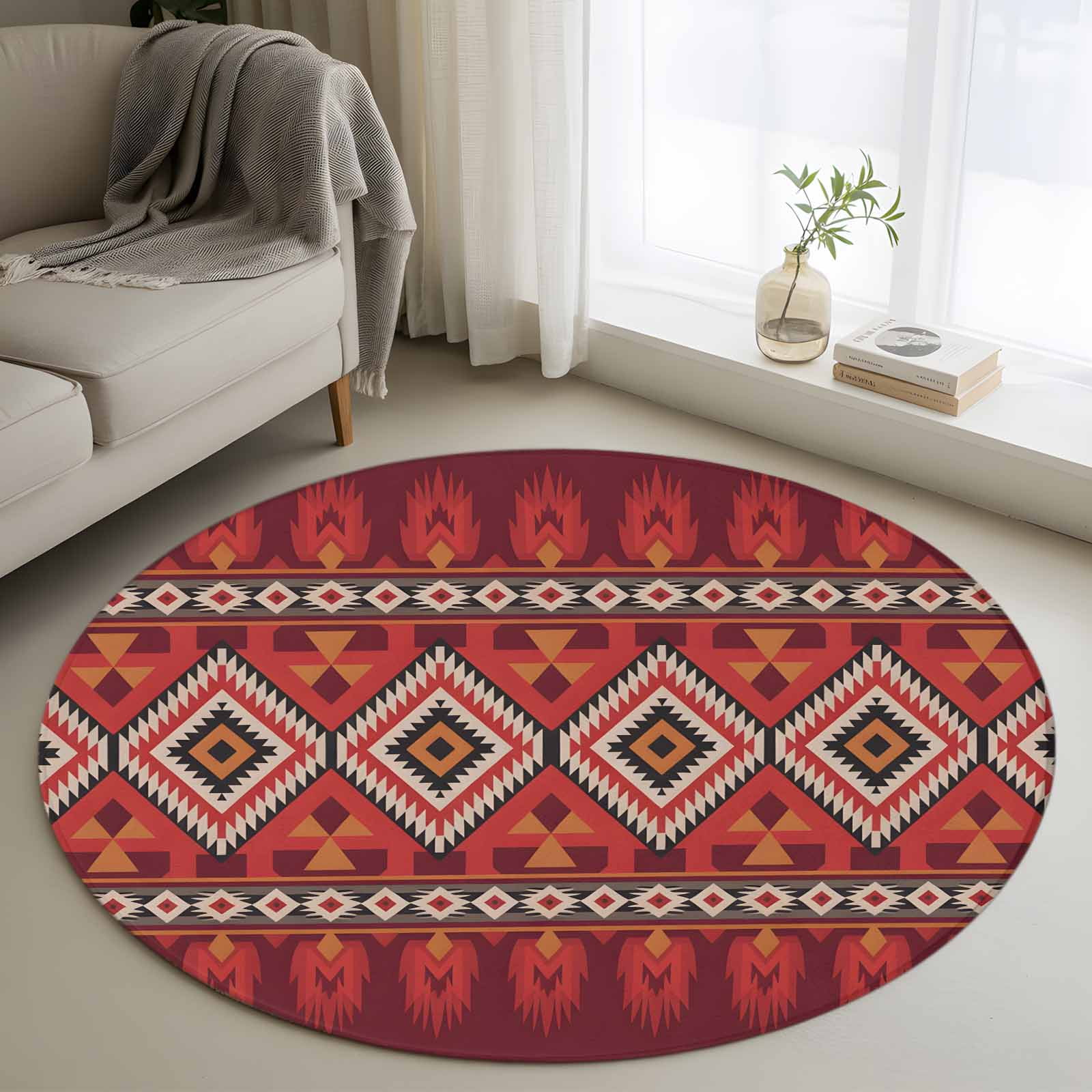 4ft Round Rug, Red Retro Boho Non-Skid Rubber Backing Large Area Rugs ...