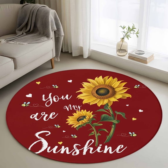4ft Round Rug, Red Sunshine Sunflower Non-Skid Rubber Backing Large ...