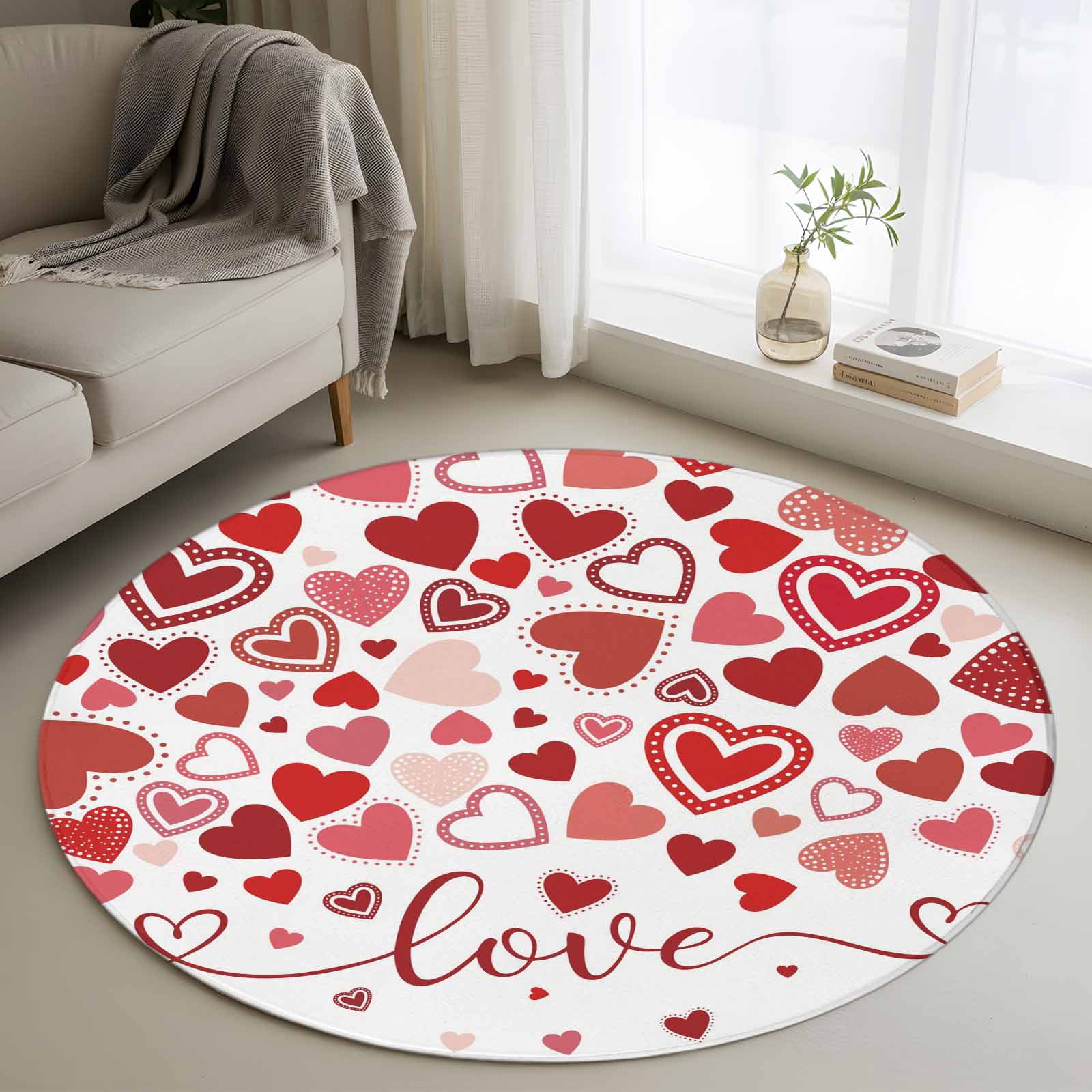 4ft Round Rug, Red Valentine's Day Non-Skid Rubber Backing Large Area ...