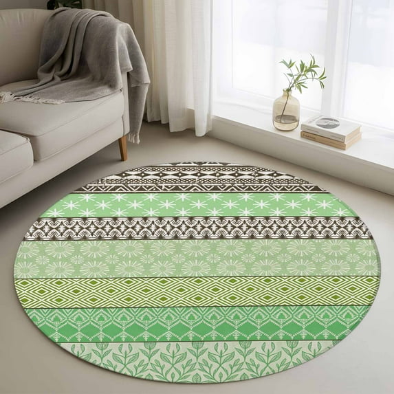 4ft Round Rug, Sage Green Grey Boho Non-Skid Rubber Backing Large Area ...