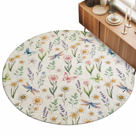 4ft Round Rug Spring Floral Area Rugs for Living Room Bedroom Washable ...