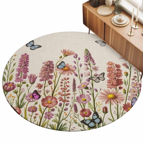 4ft Round Rug Spring Floral Area Rugs for Living Room Bedroom Washable ...