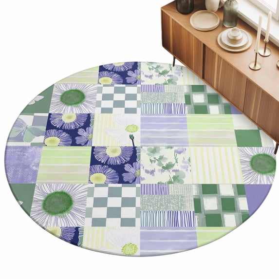 4ft Round Rug Spring Floral Checkered Area Rugs for Living Room Bedroom ...
