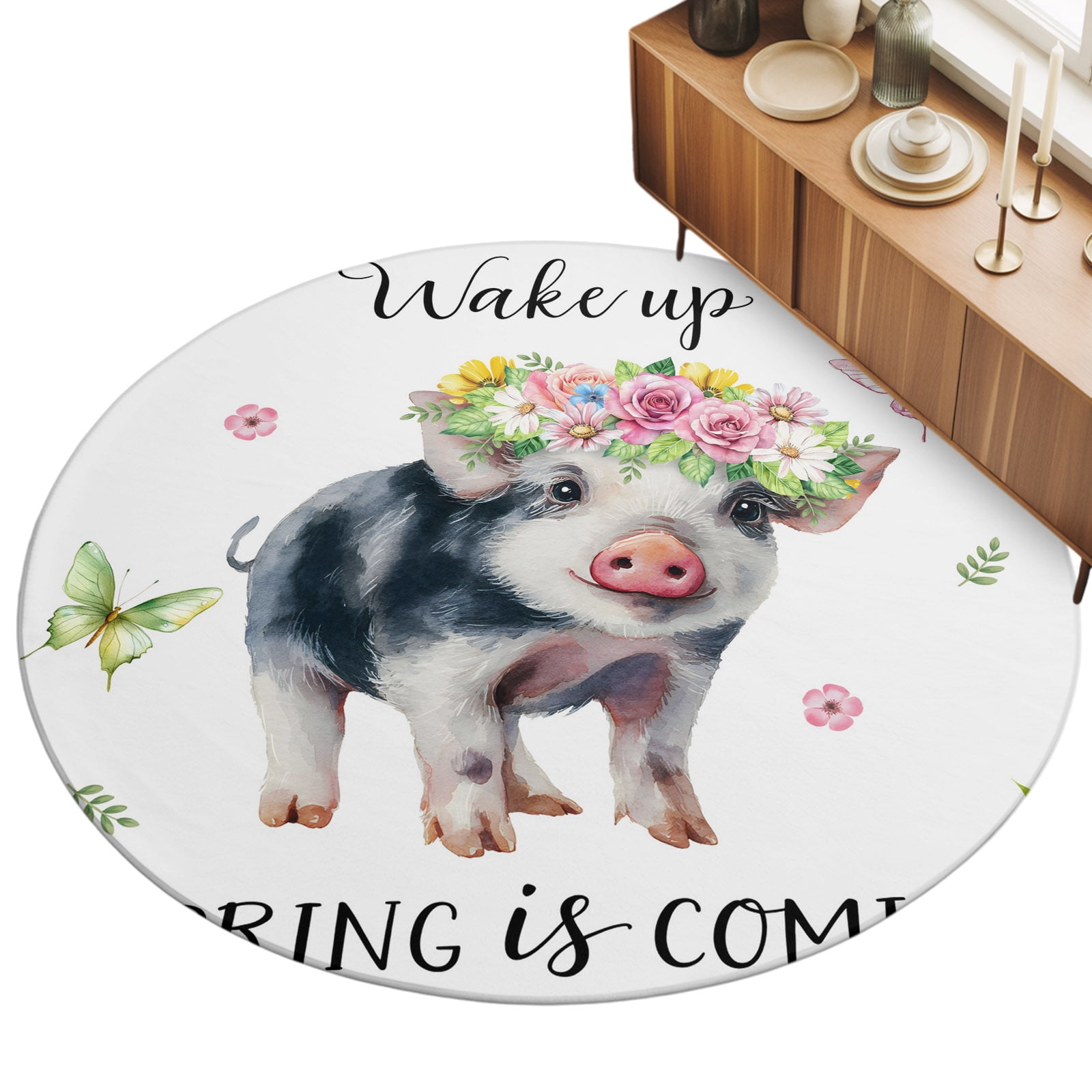 4ft Round Rug Spring Pig Area Rugs for Living Room Bedroom Washable Non ...