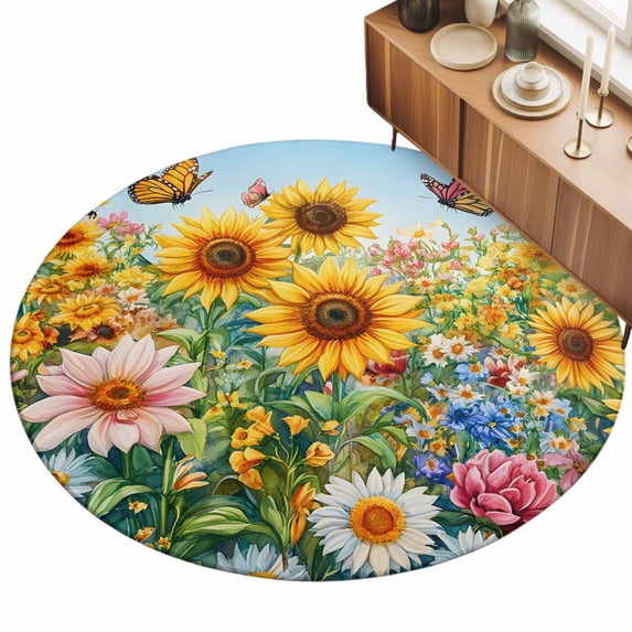 4ft Round Rug Spring Yellow Sunflower Area Rugs for Living Room Bedroom ...