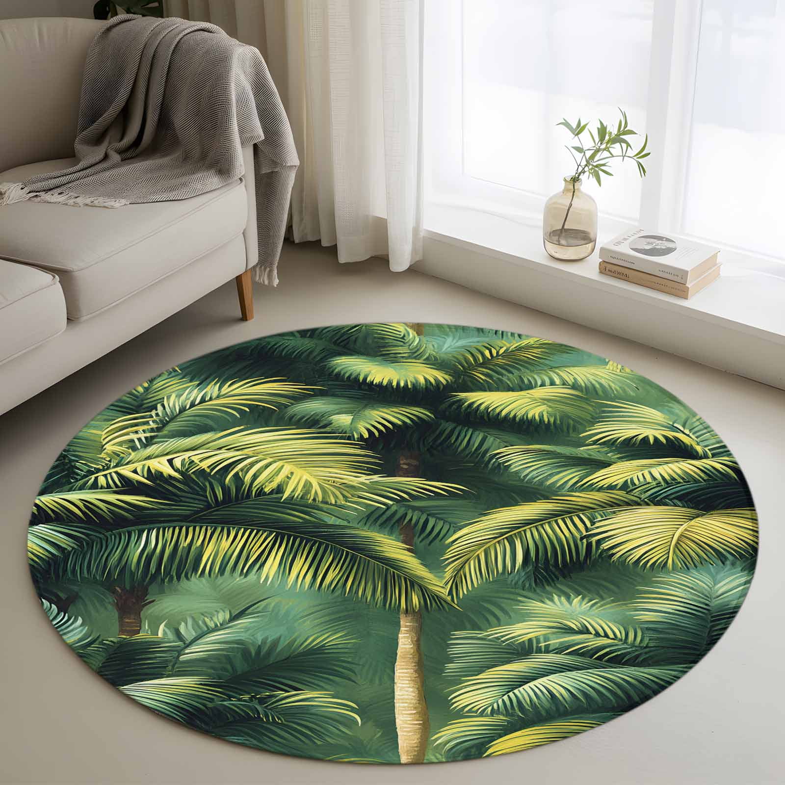 4ft Round Rug, Summer Palm Tree Non-Skid Rubber Backing Large Area Rugs ...
