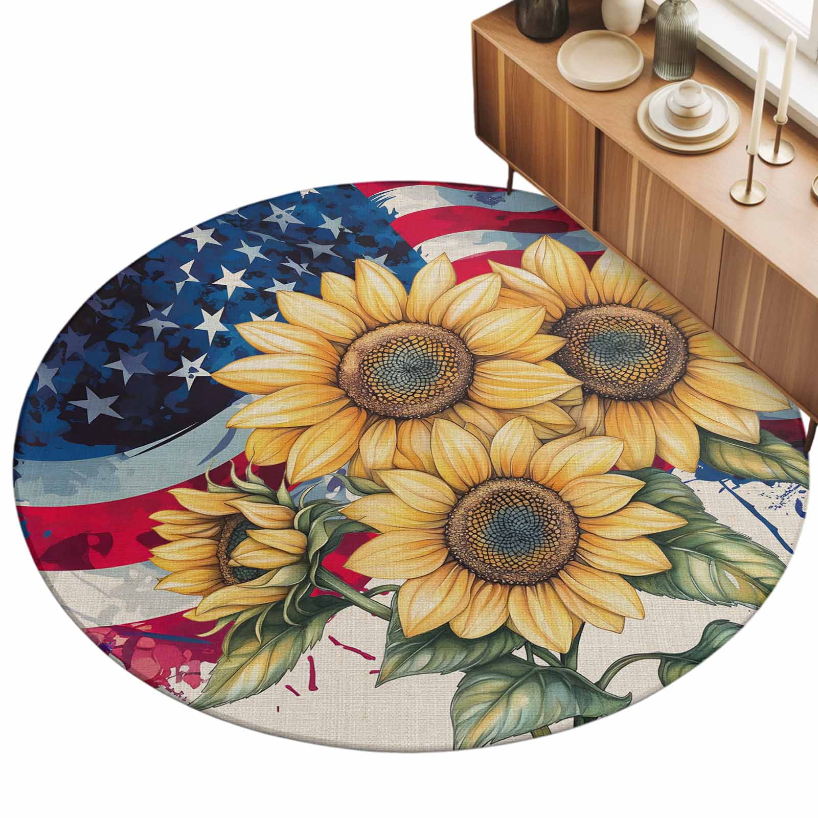 4ft Round Rug Sunflower Area Rugs for Living Room Bedroom Washable Non ...
