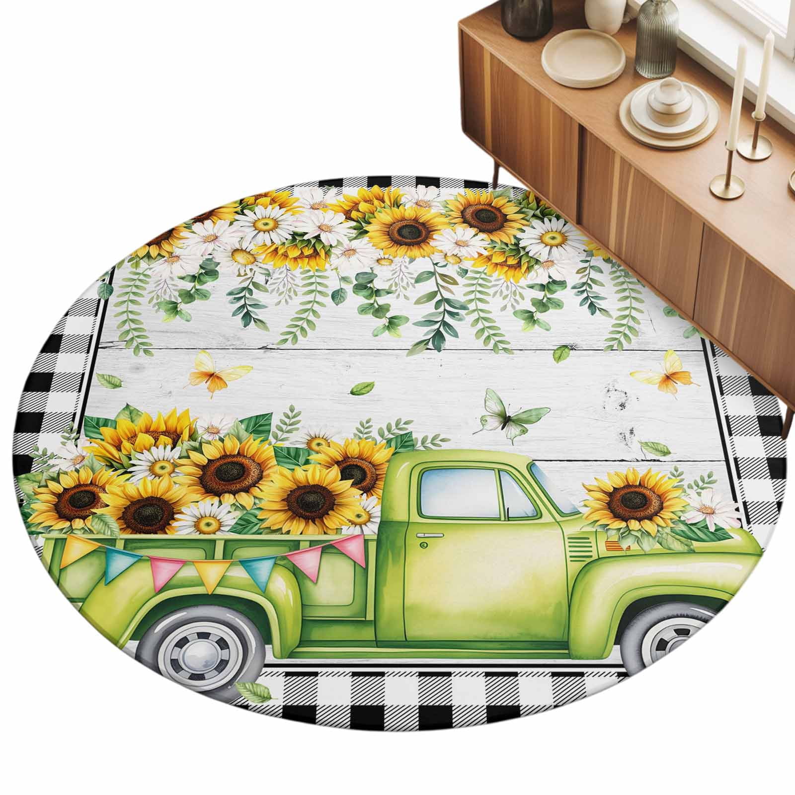 4ft Round Rug Sunflowers Area Rugs for Living Room Bedroom Washable Non ...