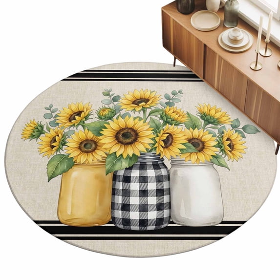 4ft Round Rug Sunflowers Area Rugs for Living Room Bedroom Washable Non ...