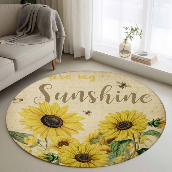 4ft Round Rug, Sunflowers Non-Skid Rubber Backing Large Area Rugs ...