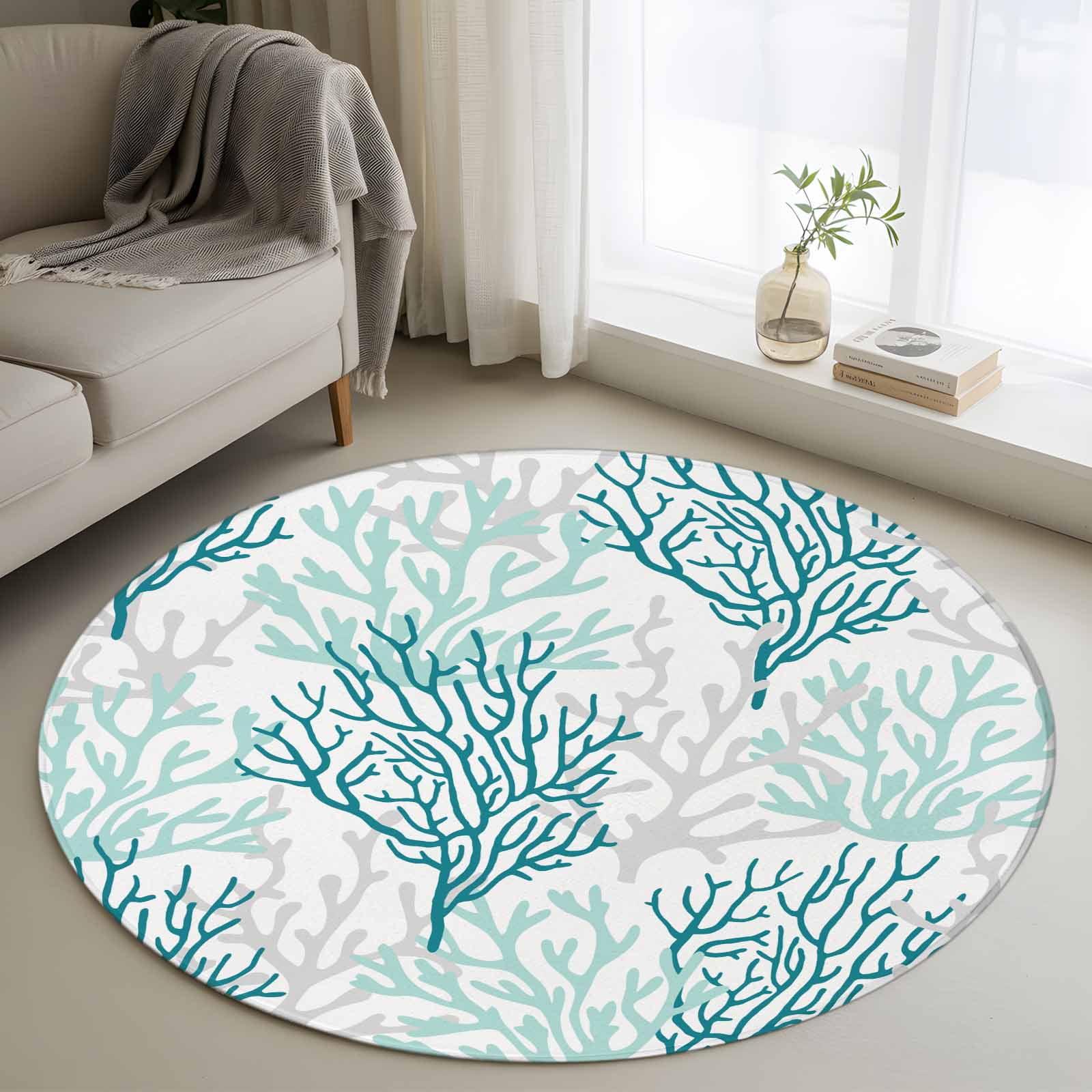 4ft Round Rug, Teal Grey Coral Coastal Non-Skid Rubber Backing Large ...