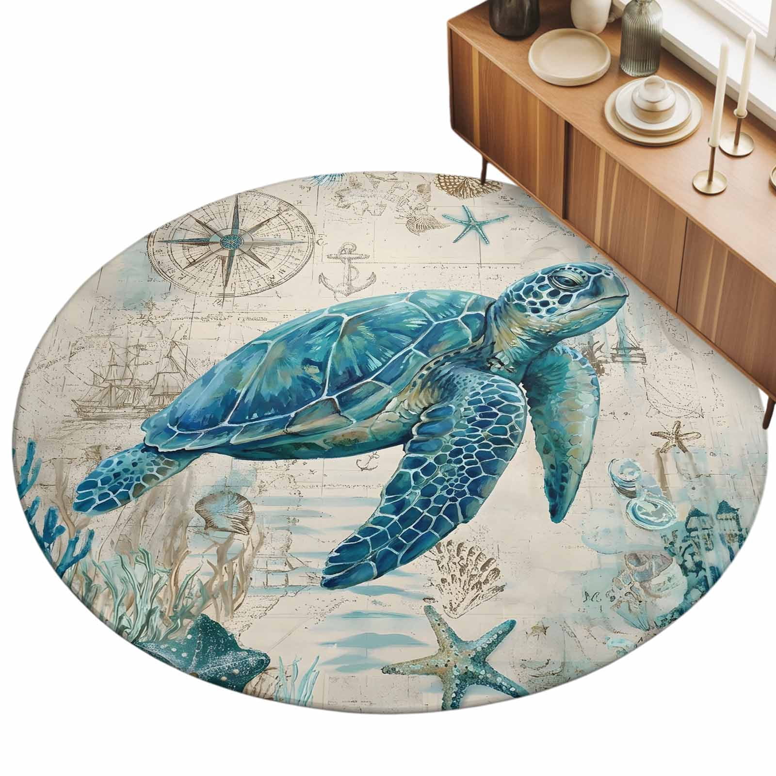 4ft Round Rug Teal Sea Turtle Coastal Area Rugs for Living Room Bedroom ...