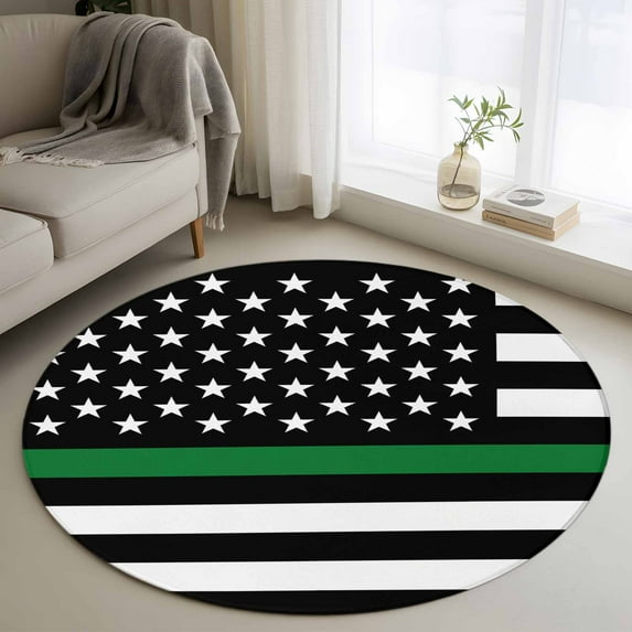 4ft Round Rug, Thin Green White Line Non-Skid Rubber Backing Large Area ...