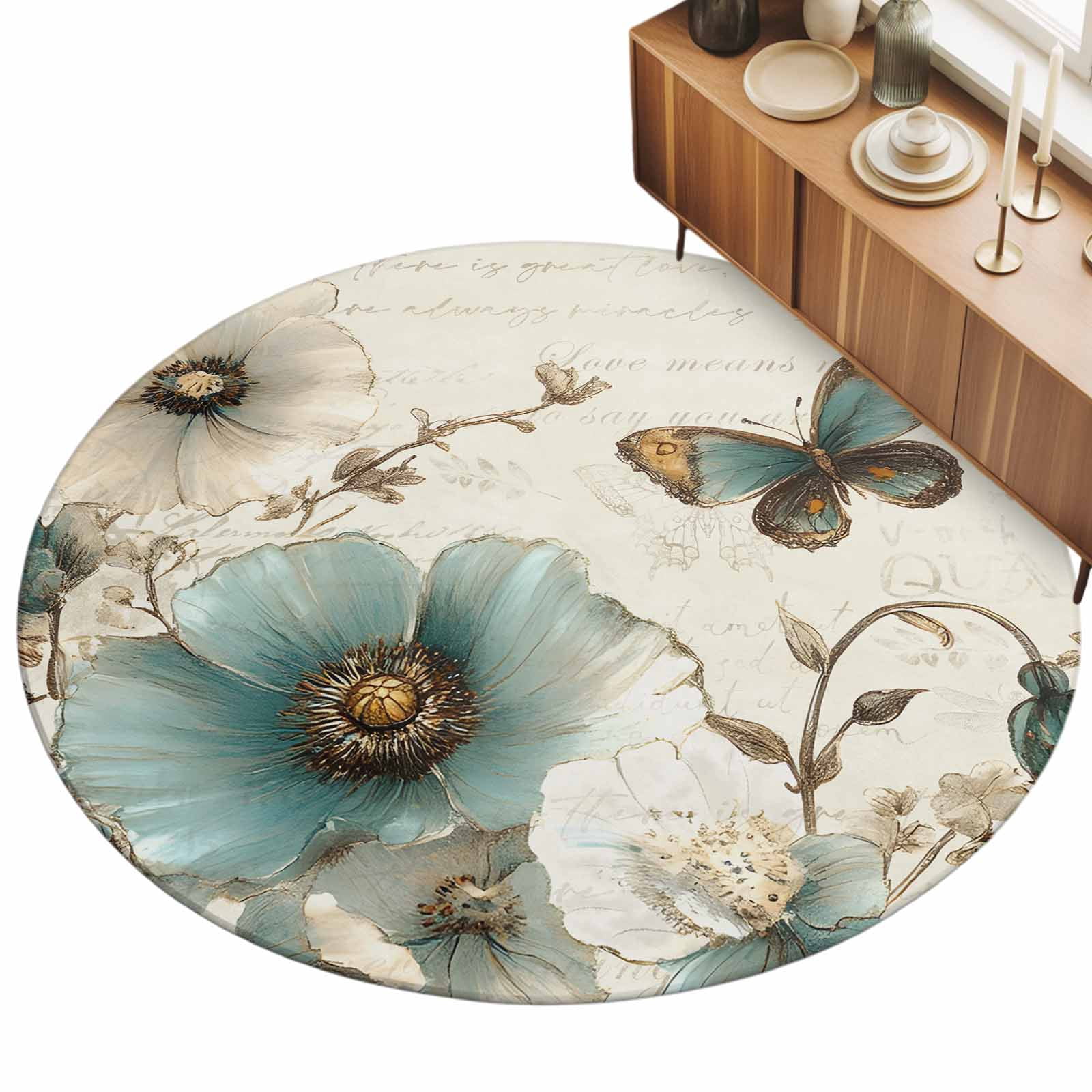 4ft Round Rug Vintage Flowers Area Rugs for Living Room Bedroom ...