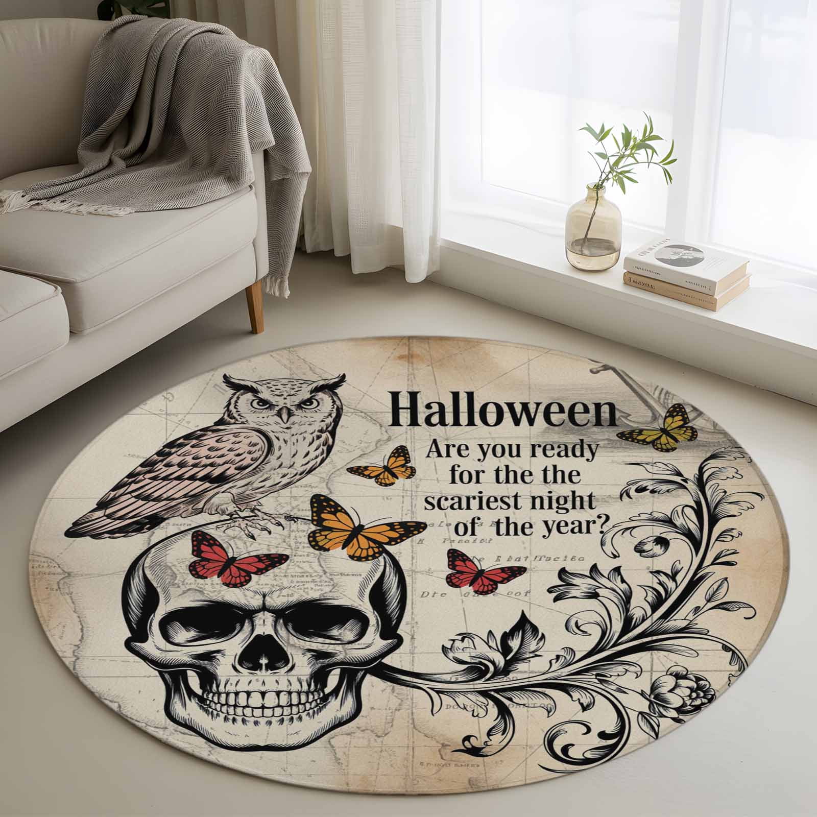 4ft Round Rug, Vintage Skeleton Non-Skid Rubber Backing Large Area Rugs ...