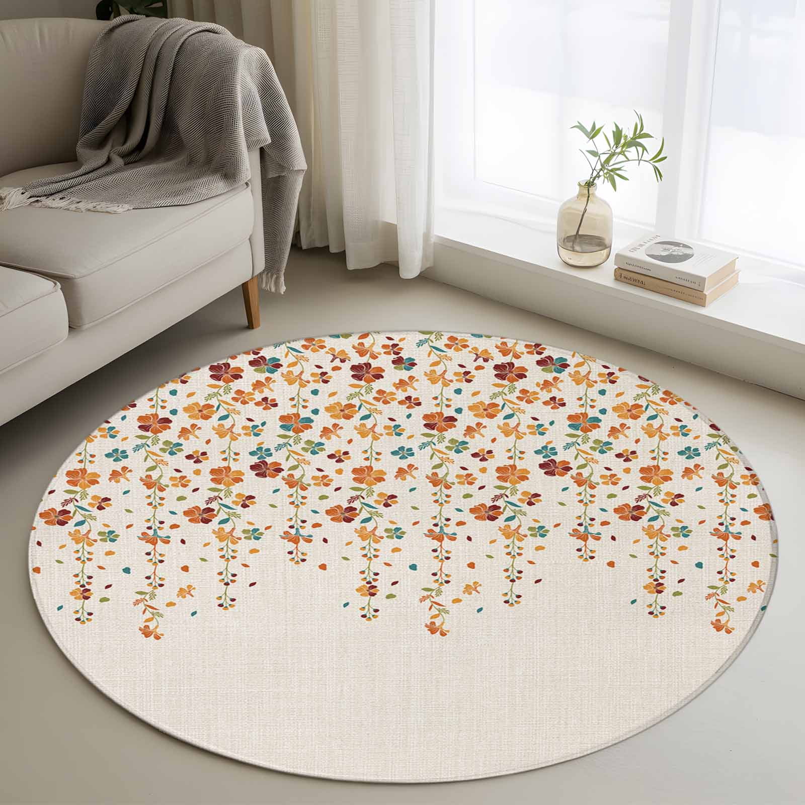 4ft Round Rug, Weeping Flowers Non-Skid Rubber Backing Large Area Rugs ...