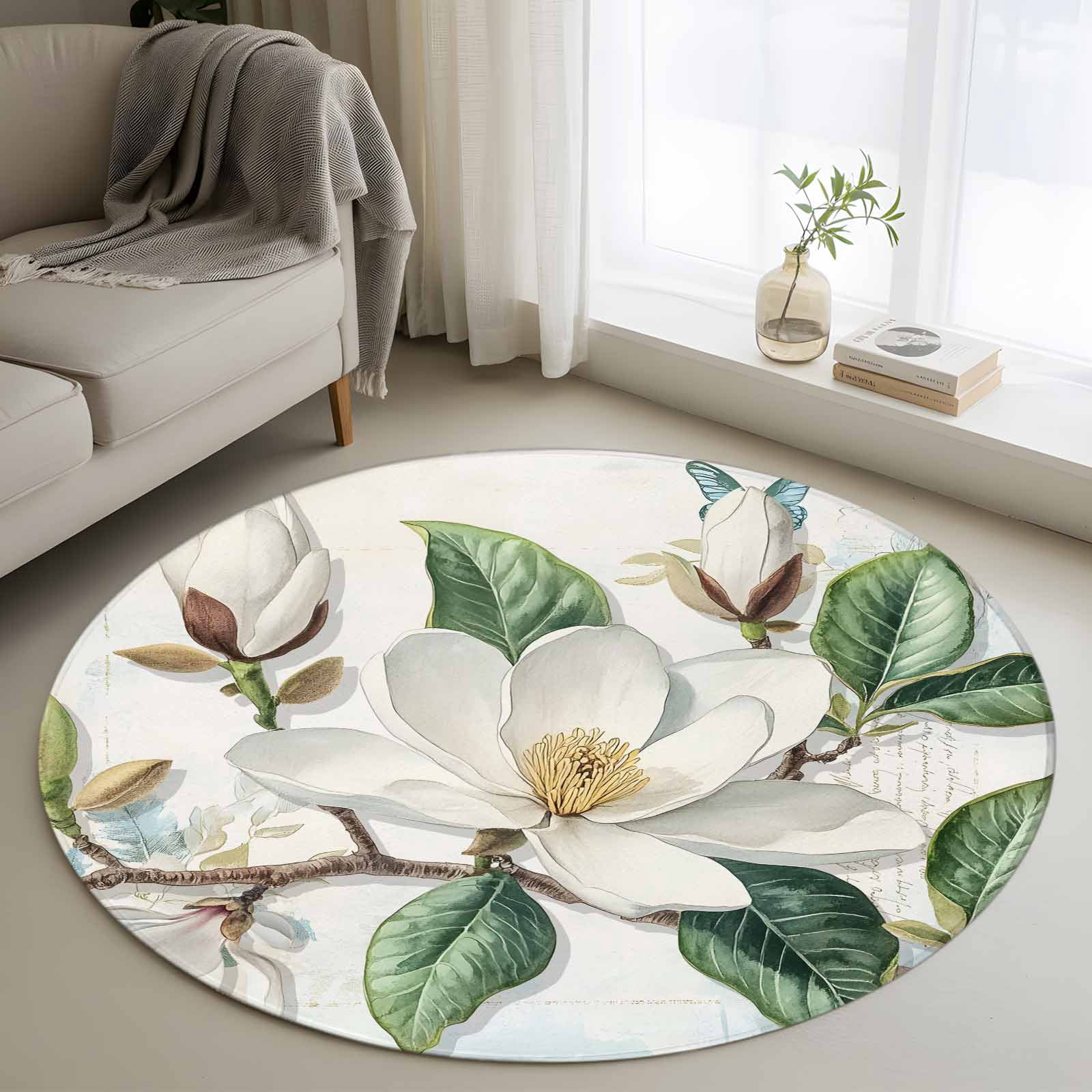 4ft Round Rug, White Floral Non-Skid Rubber Backing Large Area Rugs ...