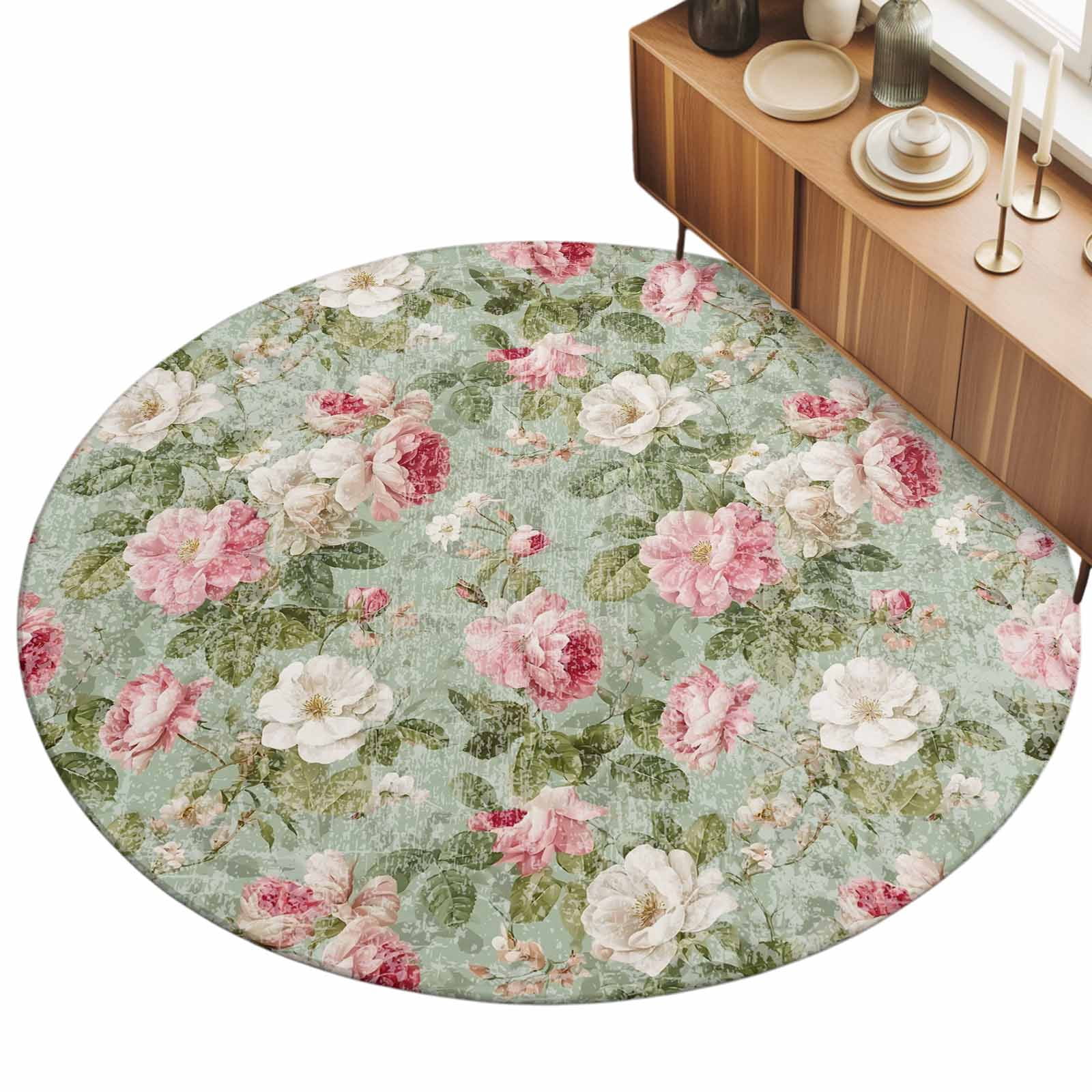 4ft Round Rug White Pink Flower Area Rugs for Living Room Bedroom ...