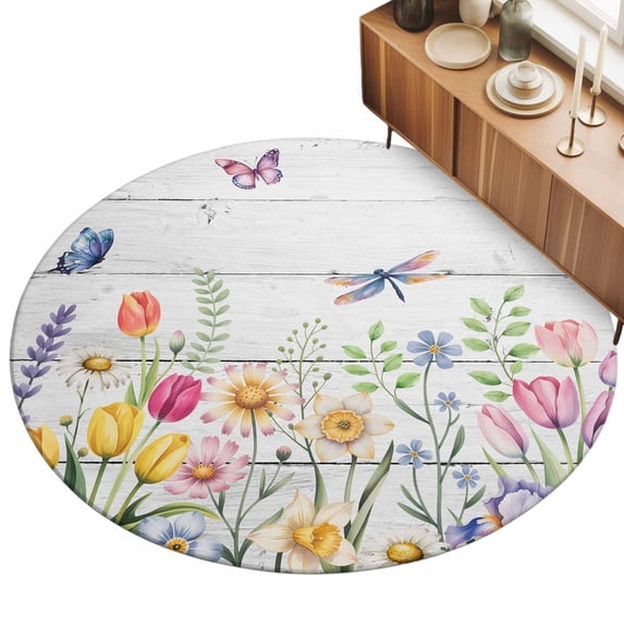 4ft Round Rug Wildflowers Area Rugs for Living Room Bedroom Washable ...