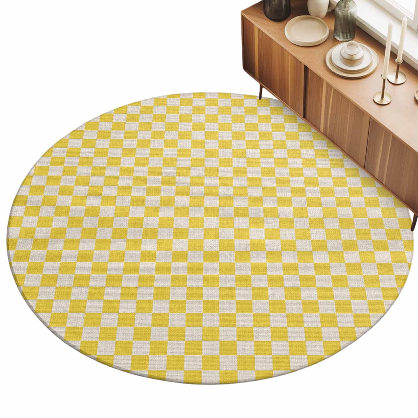 4ft Round Rug Yellow Plaid Area Rugs for Living Room Bedroom Washable ...