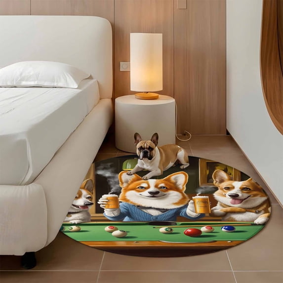 4ft Washable Round Rug, Dog Playing Billiards Non-Slip Circle Area Rug ...