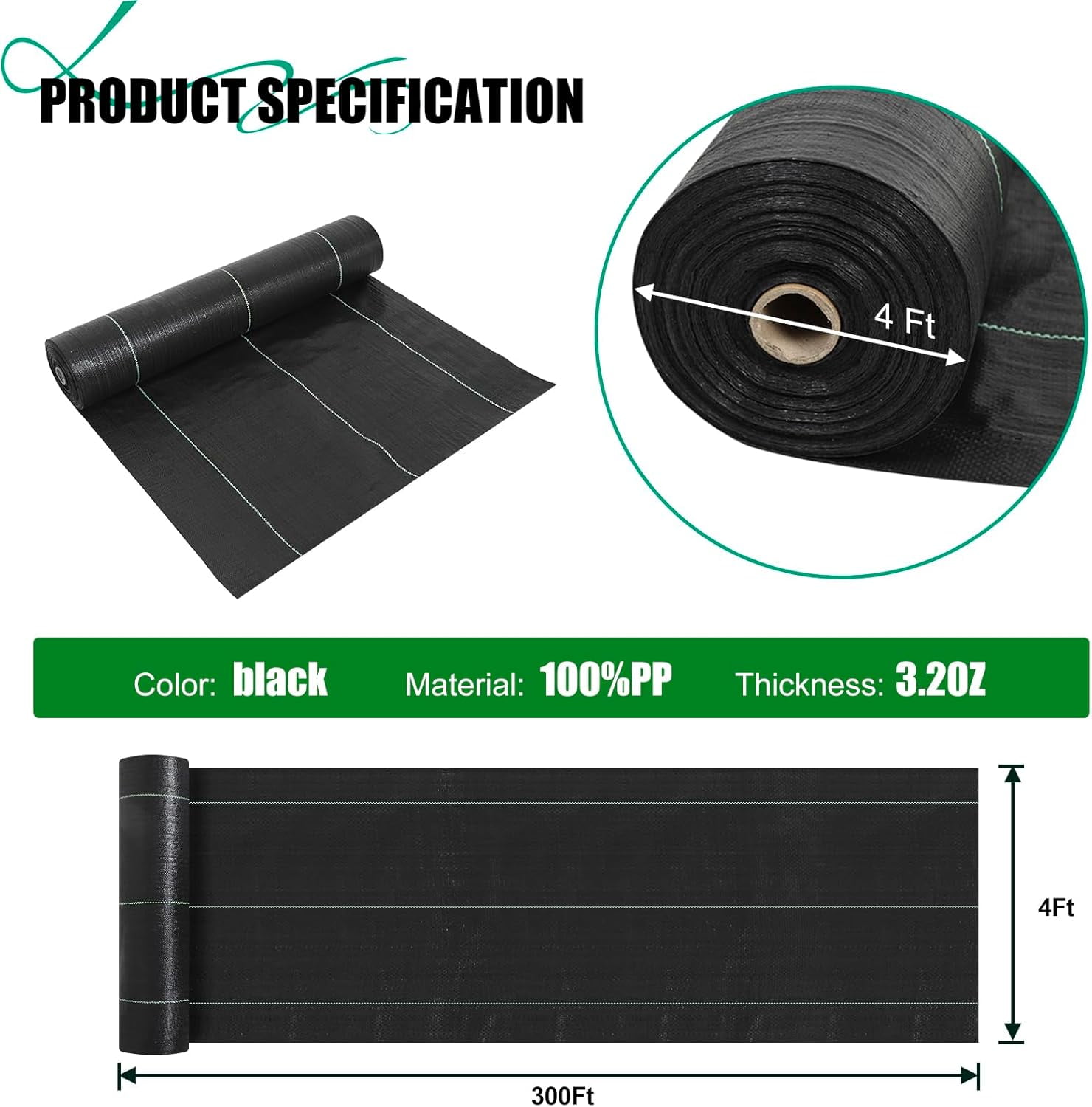 4ft x300ft Black Weed Barrier Landscape Fabric Heavy Duty 3.2OZ French ...