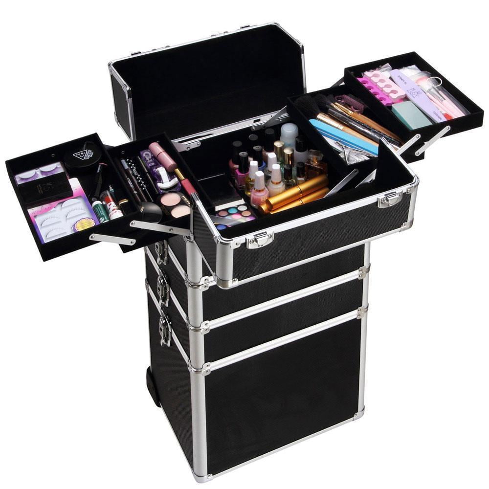 4in 1 Rolling Aluminum Makeup Case Cosmetic Train Box Wheeled Storage ...