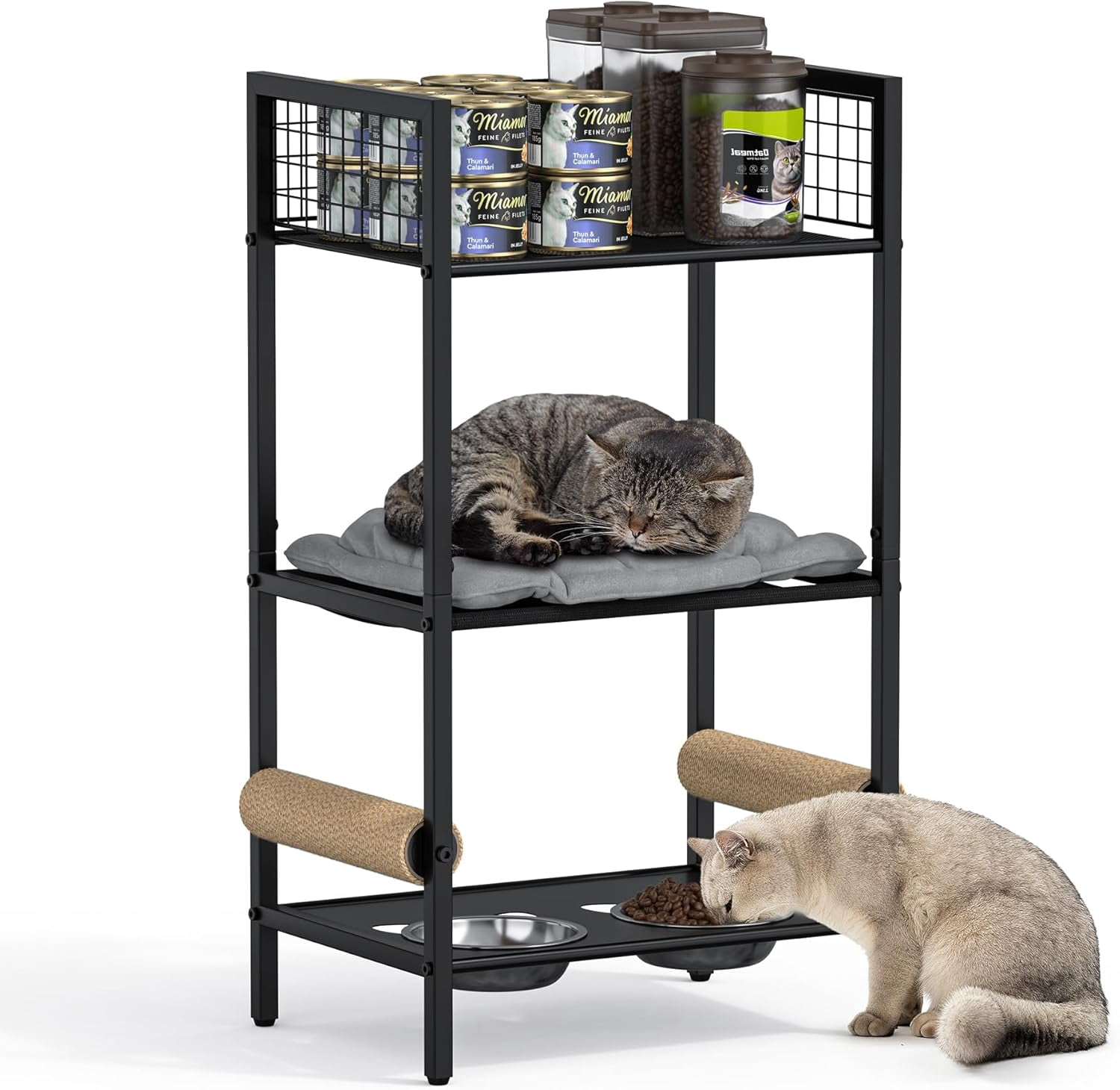 4in1 Cat Furniture Stand with Cat Scratching Post, Cat Food Bowls, Cats ...