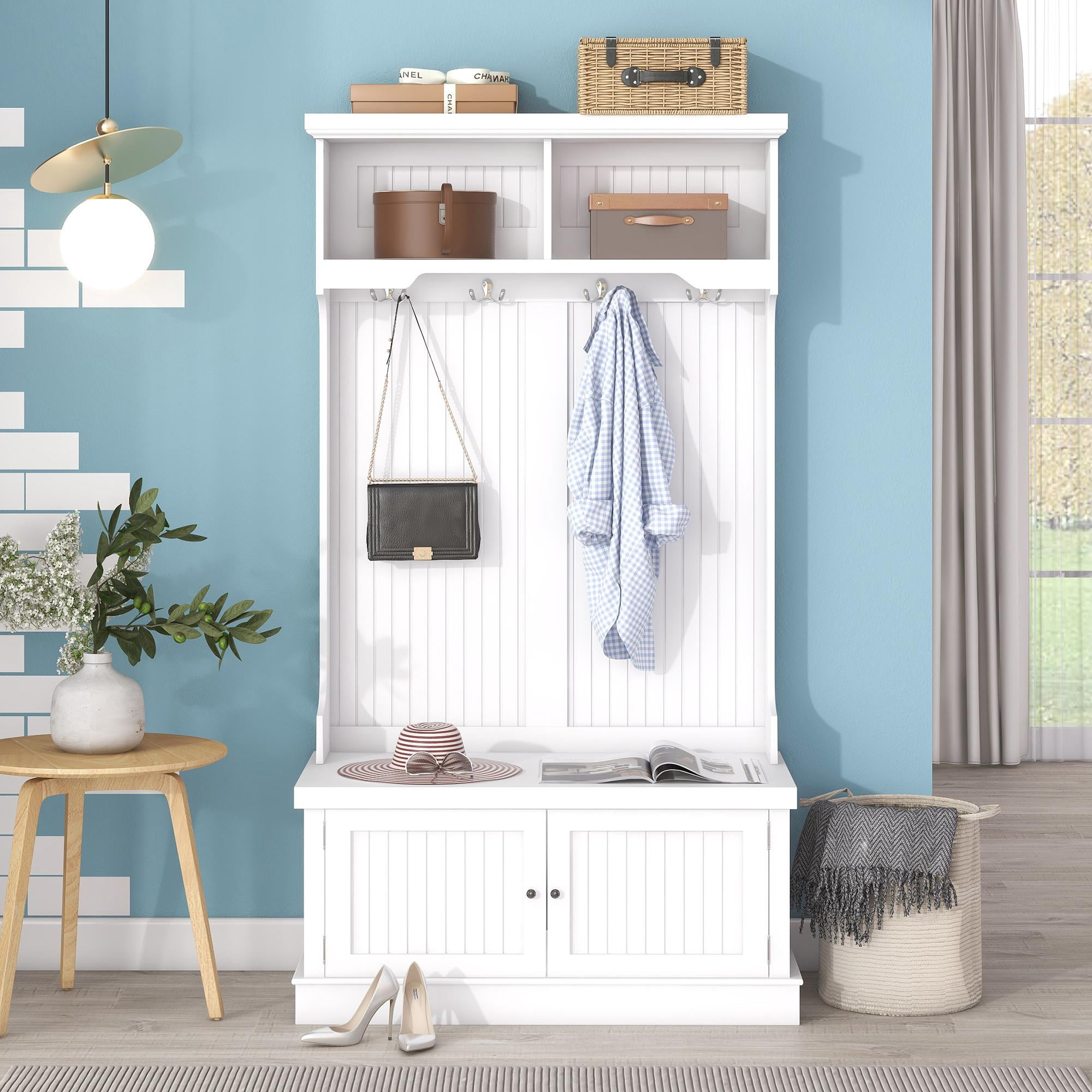 4in1 Hall Tree Storage Cabinet With 4 Hooks Shoe Bench Storage Space ...